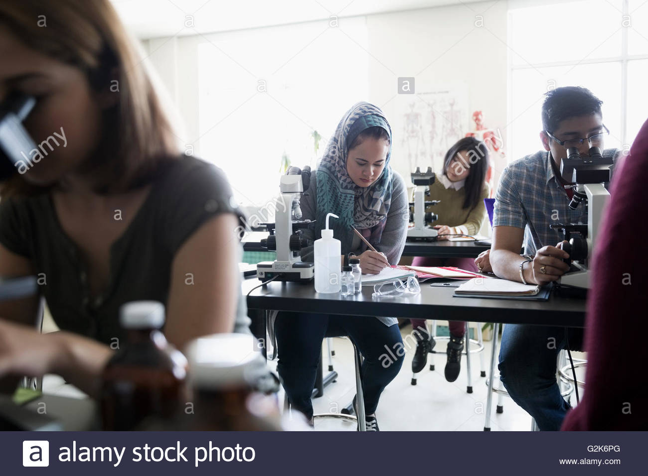 College students using microscopes in science laboratory Stock Photo ...