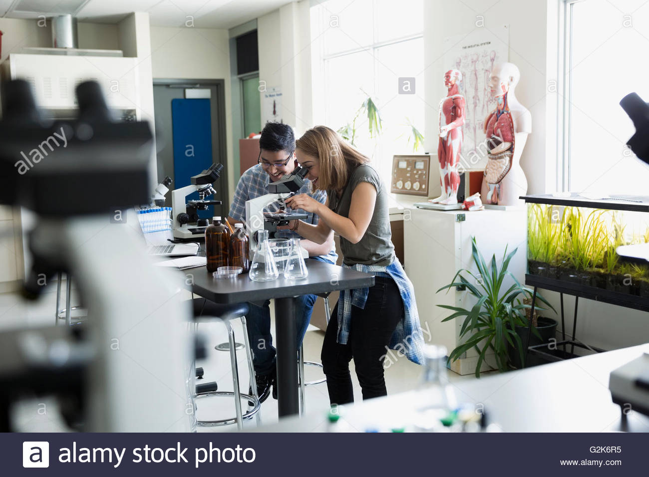 Students using microscope hi-res stock photography and images - Alamy
