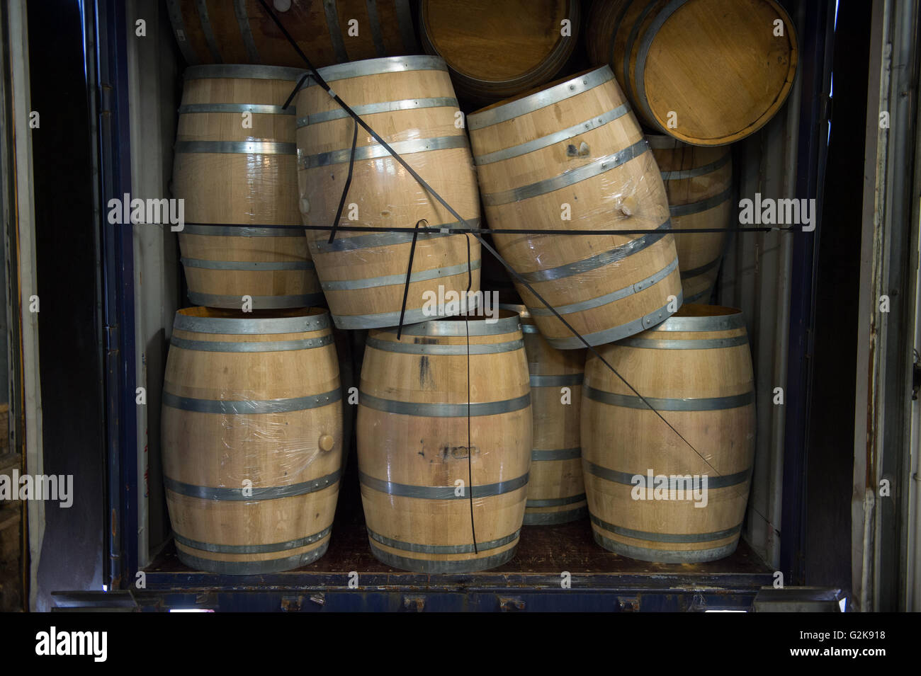 Wine barrels stacked in Truck ,Loading dock, Bordeaux Vineyard Stock ...