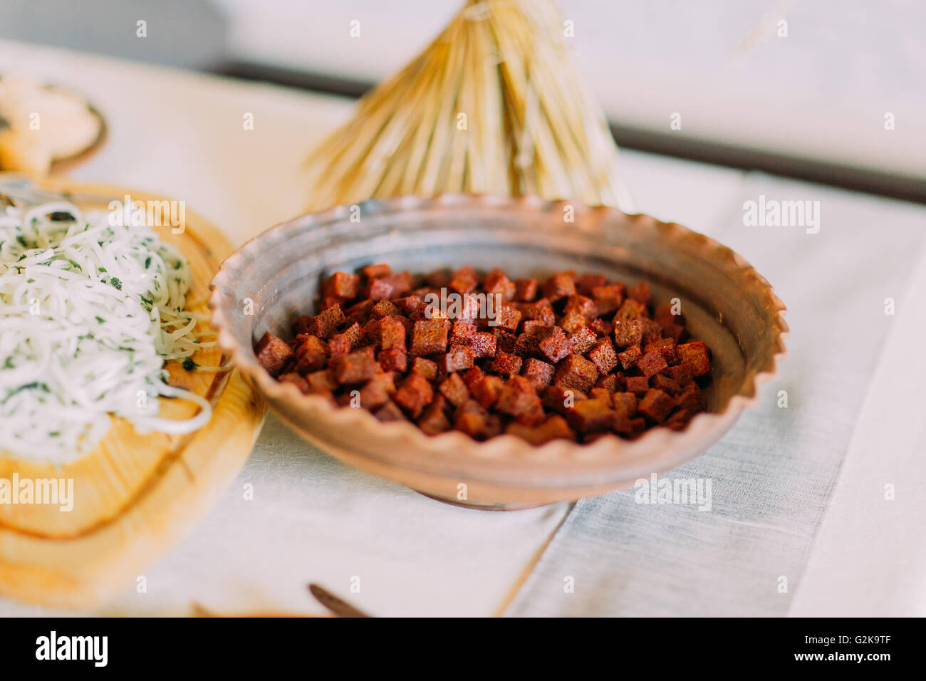 Rusk squares served in traditional rural decoration Stock Photo - Alamy