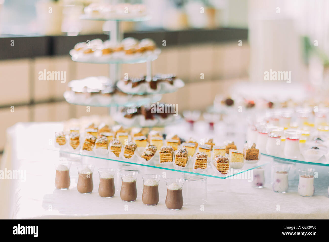 Dessert buffet with delicious sweet bakery and coffee-shakes Stock ...