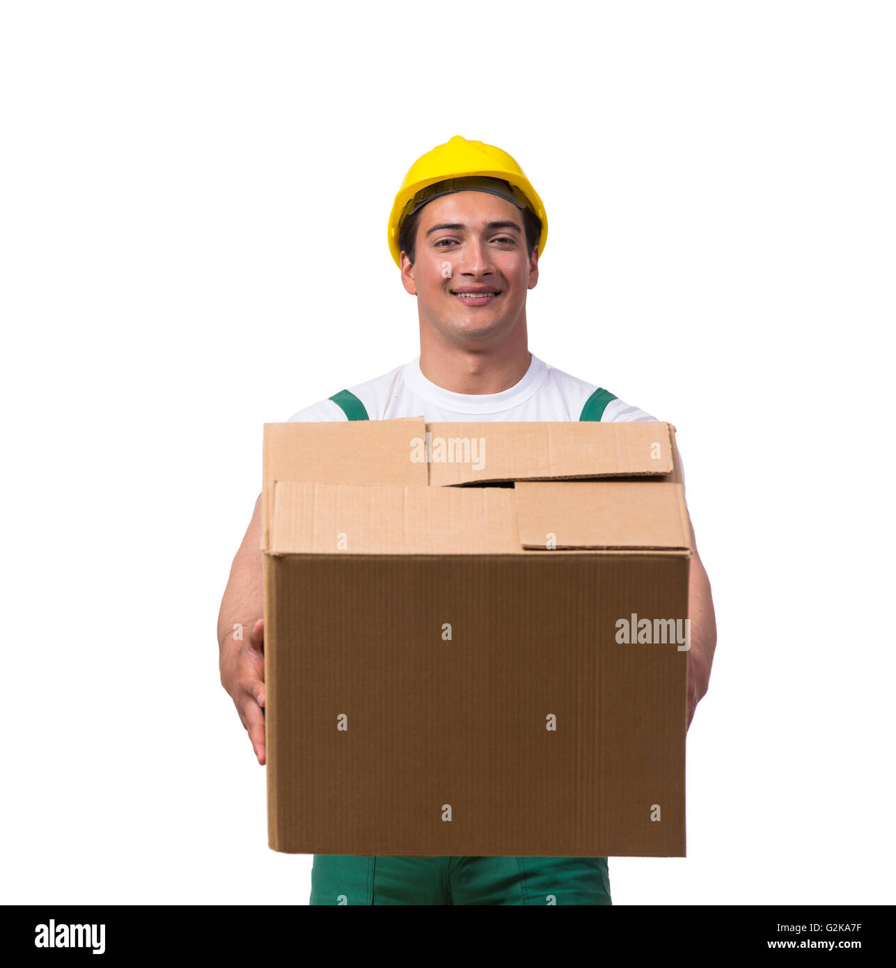 Man moving boxes isolated on the white background Stock Photo - Alamy