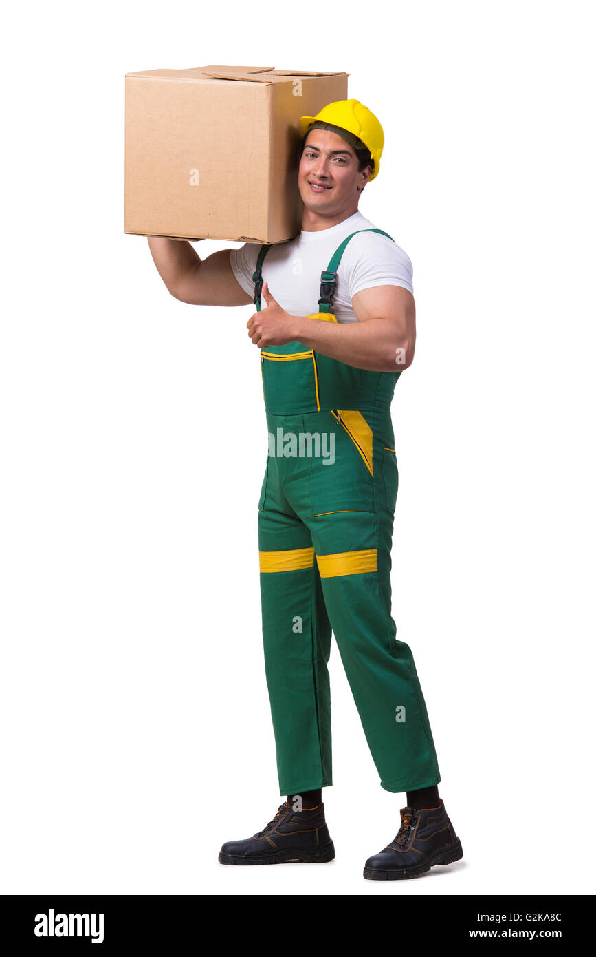 Man moving boxes isolated on the white background Stock Photo - Alamy