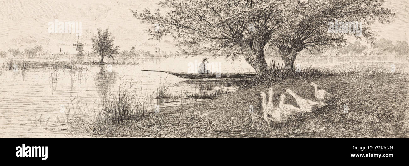River Landscape with a man in a boat and geese on the bank, Elias Stark ...