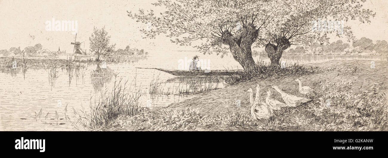 River Landscape with a man in a boat and geese on the bank, Elias Stark ...