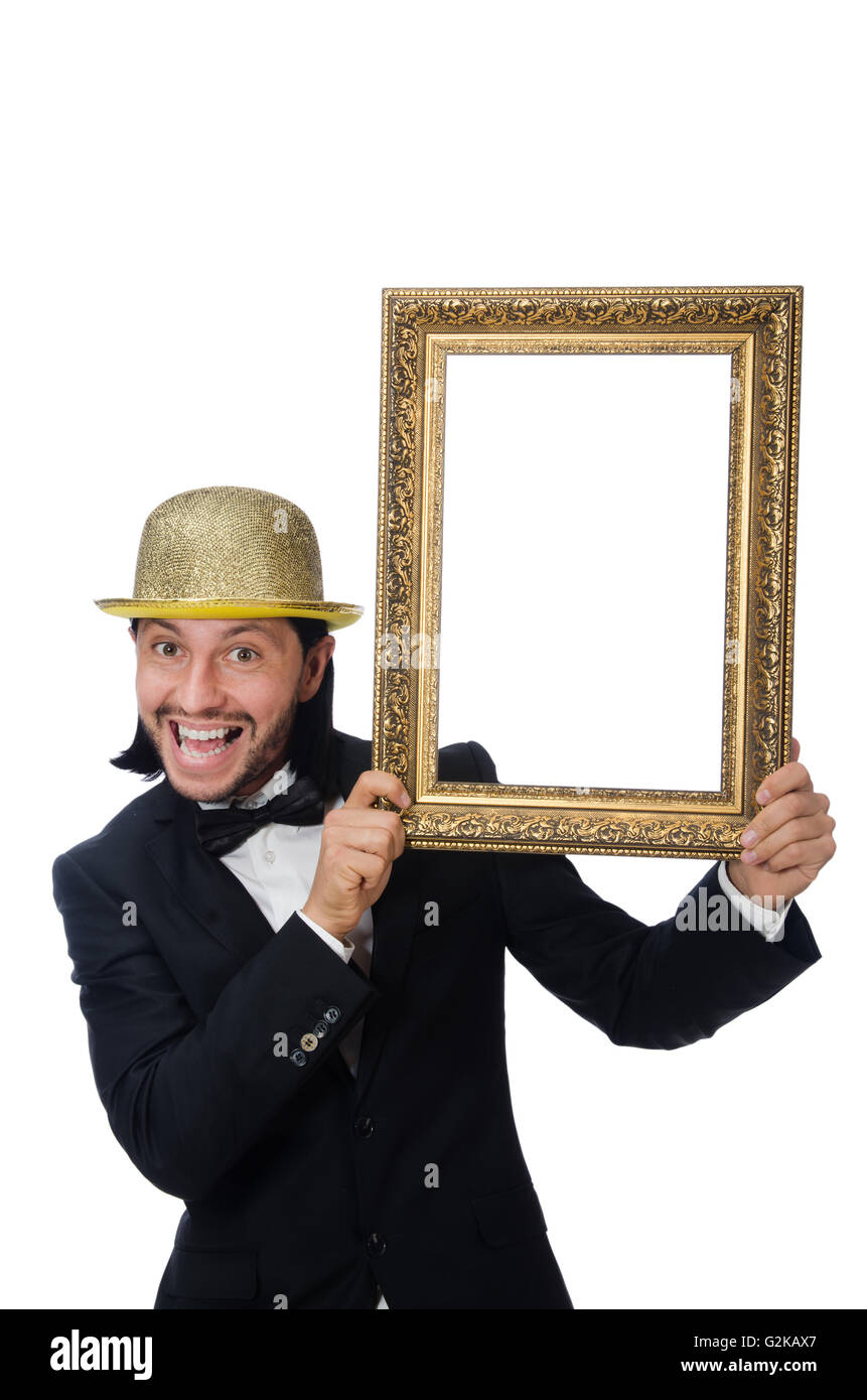 Man with picture frame isolated on white Stock Photo - Alamy