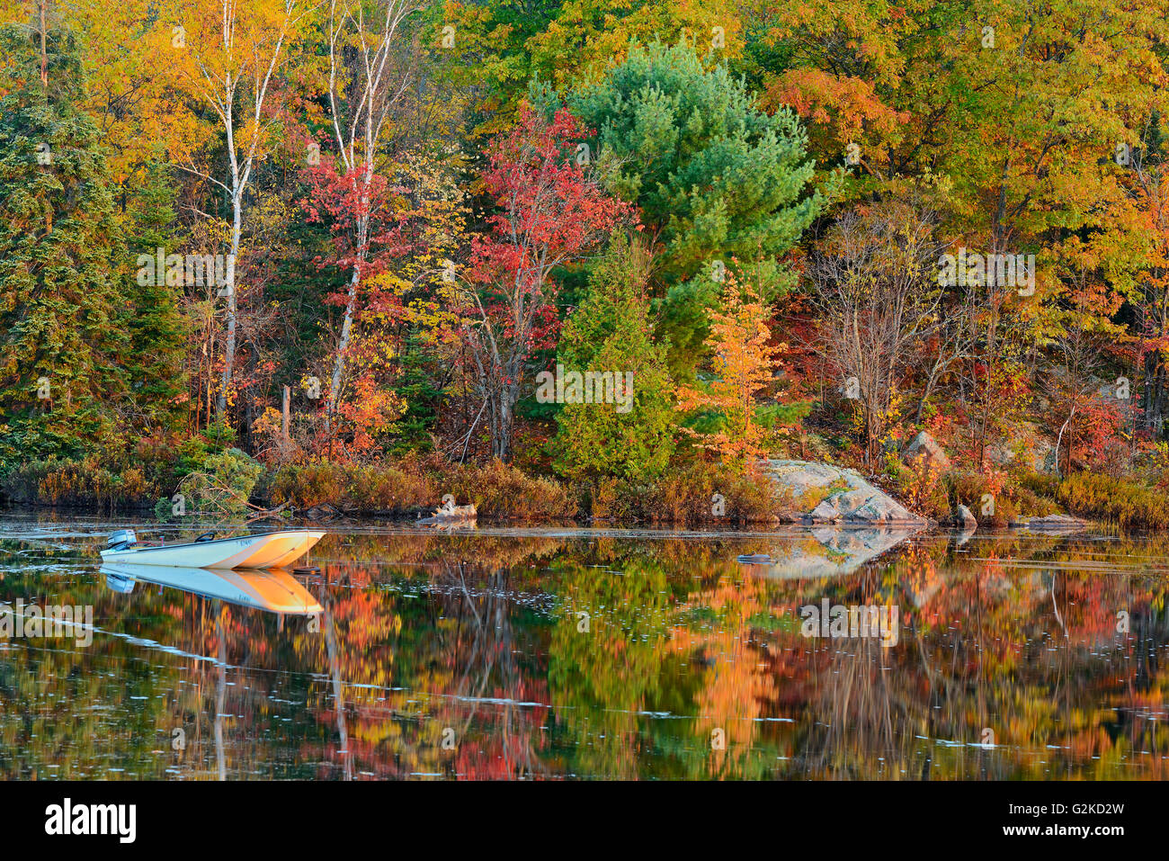 Boat on Raven Lake in autumn Raven Lake near Dorset Ontario Canada ...