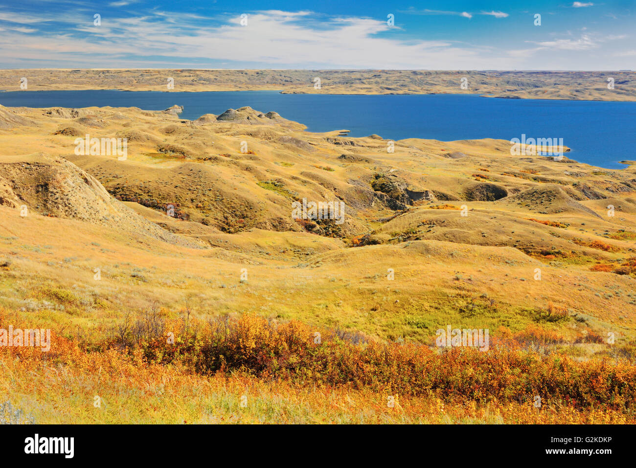 Grasslands and badlands around Lake Diefenbaker in autumn near Beechy ...