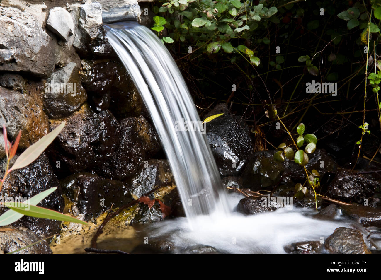 small waterfall on a clean mountain river with some vegetation Stock ...
