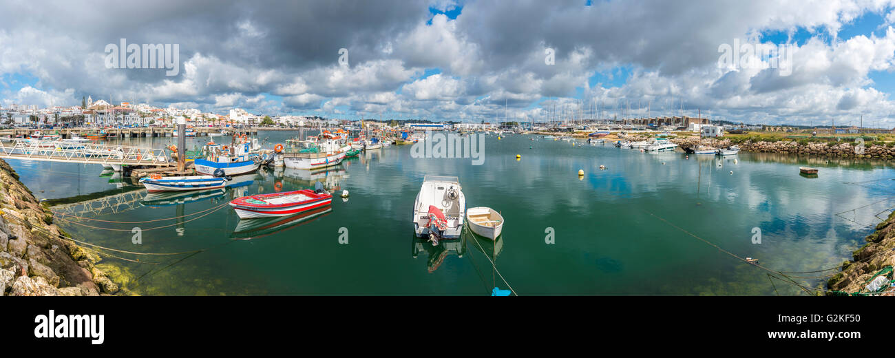Portugal, Algarve, Lagos, panoramic view of fishing harbour Stock Photo ...