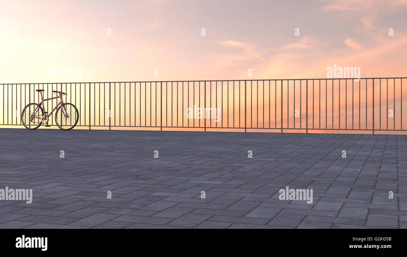 Racing cycle leaning against railing at sunset, 3D Rendering Stock ...