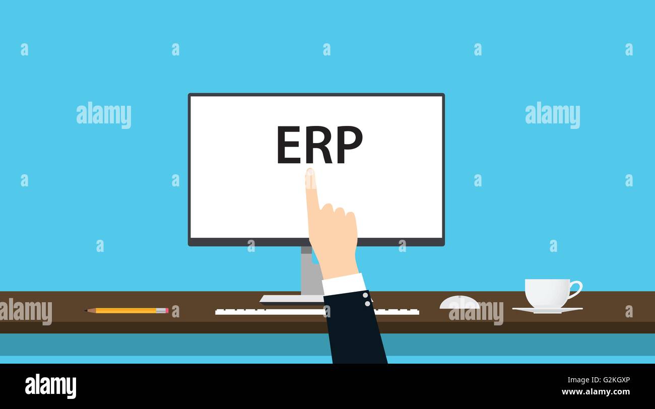 erp enterprise resource planning concept with computer and hand Stock ...