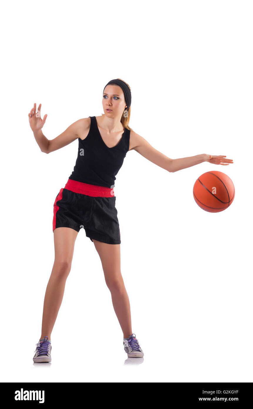 Woman playing basketball isolated on white Stock Photo - Alamy