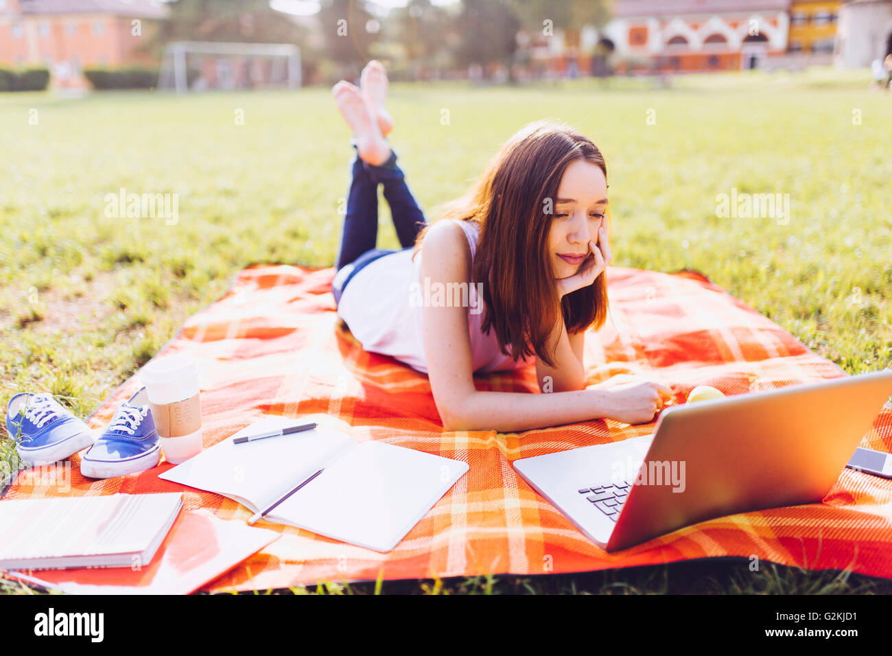 Student at the park learning at the laptop Stock Photo - Alamy