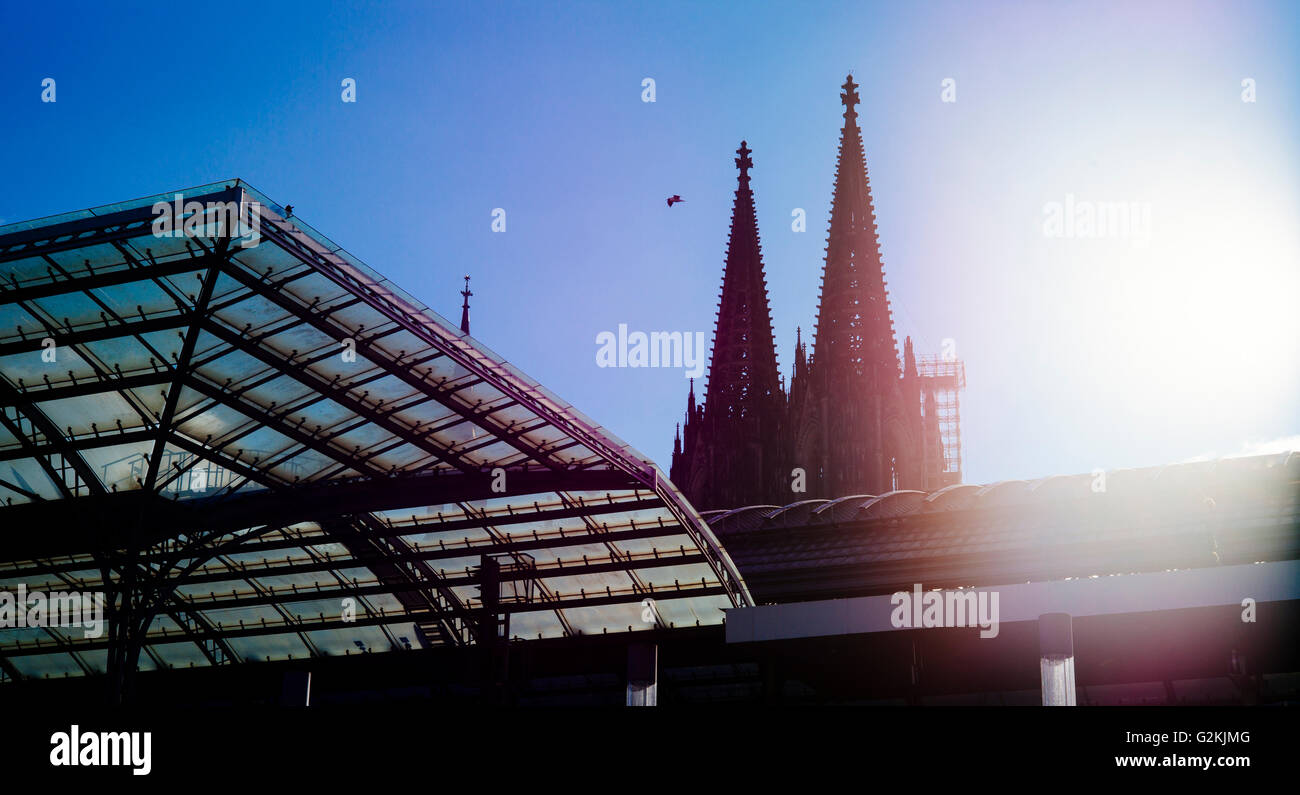 Germany, Cologne, view to church spires of Cologne Cathedral with glass ...