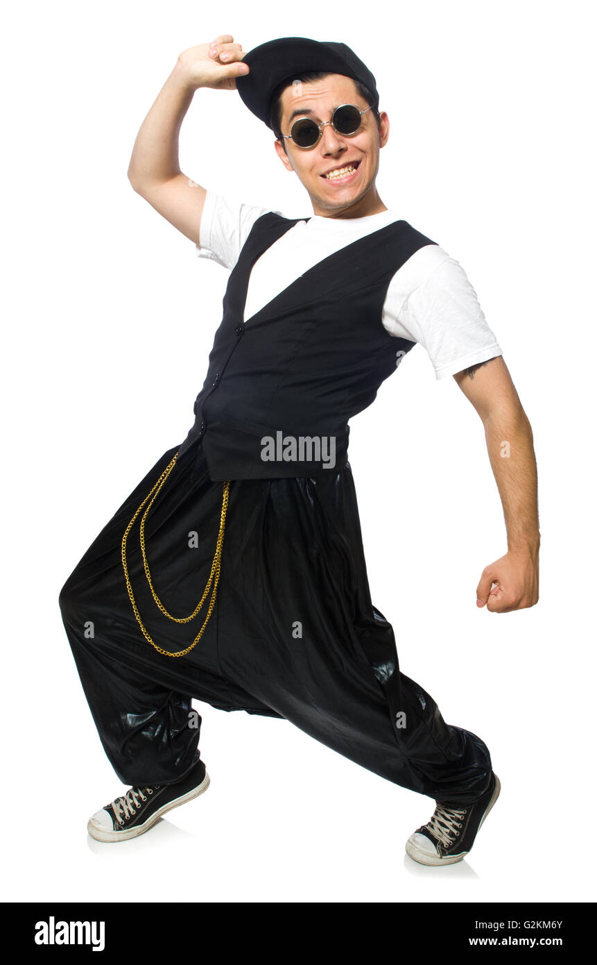 Funny young man dancing isolated on white Stock Photo - Alamy