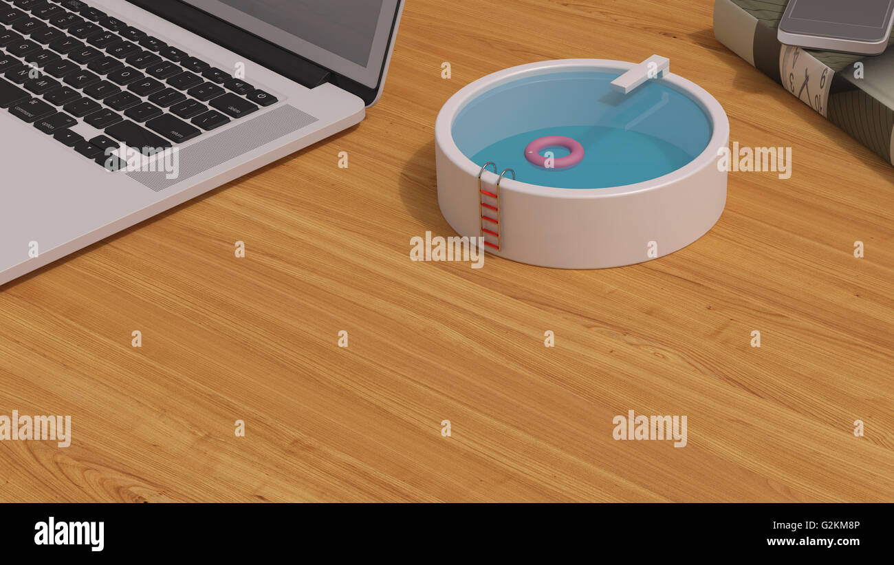 Workspace with laptop and miniature swimming pool, 3d rendering Stock ...
