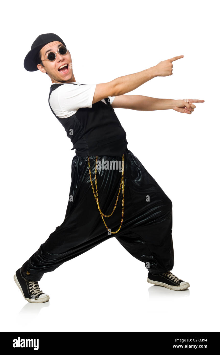 Funny young man dancing isolated on white Stock Photo - Alamy