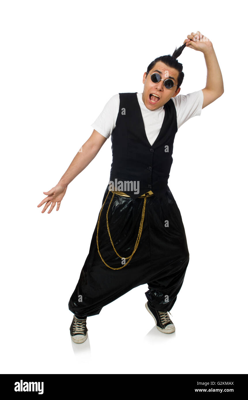 Funny young man dancing isolated on white Stock Photo - Alamy