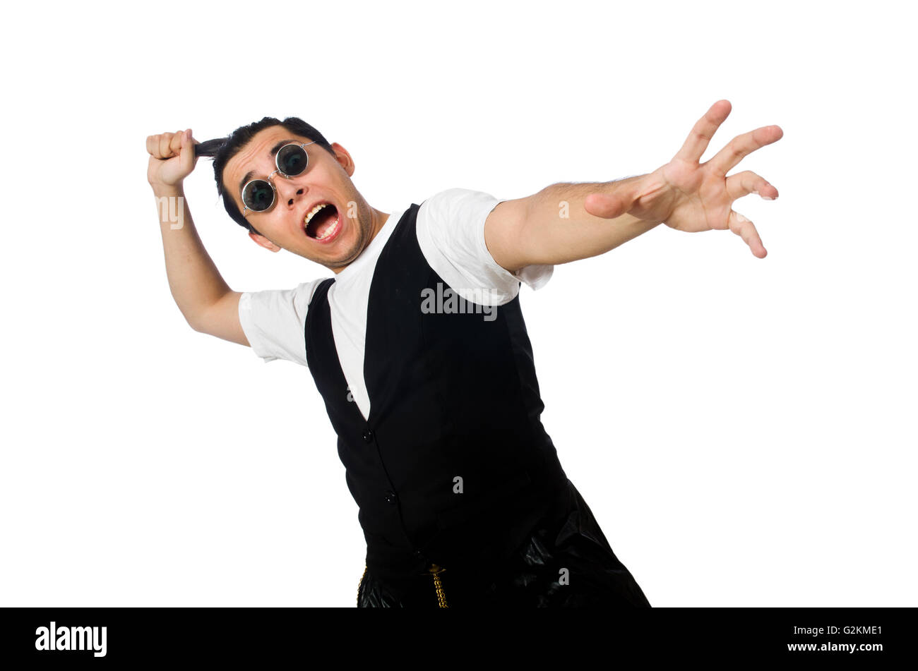 Funny young man dancing isolated on white Stock Photo - Alamy