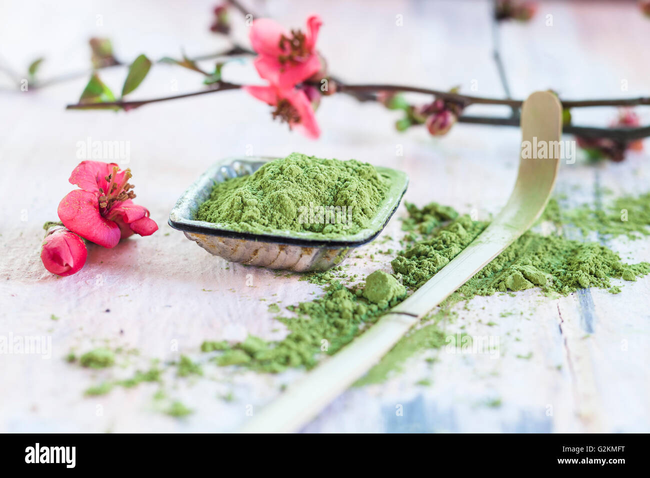 Matcha powder, pink flowers and bamboo matcha spoon Stock Photo - Alamy