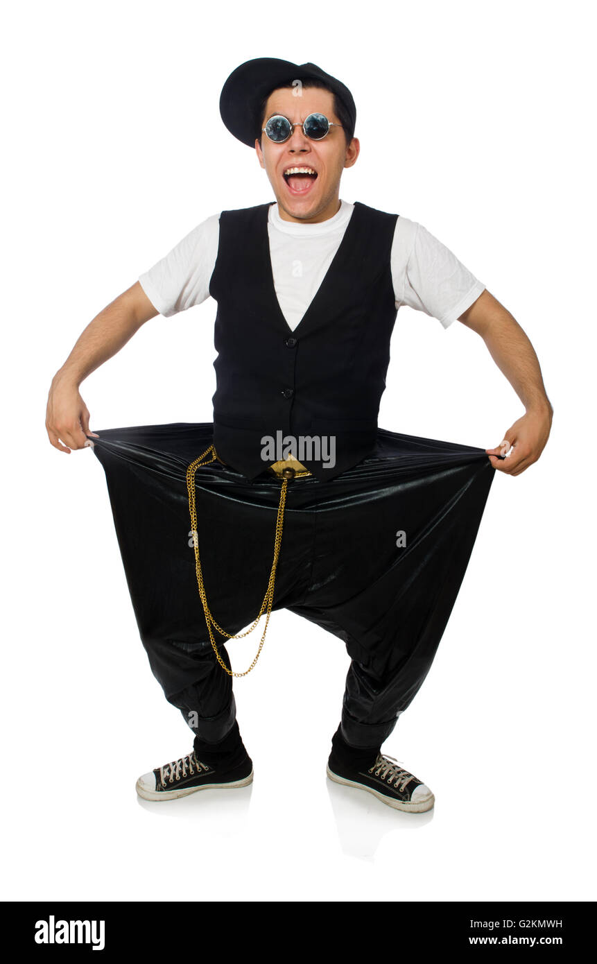 Funny young man dancing isolated on white Stock Photo - Alamy