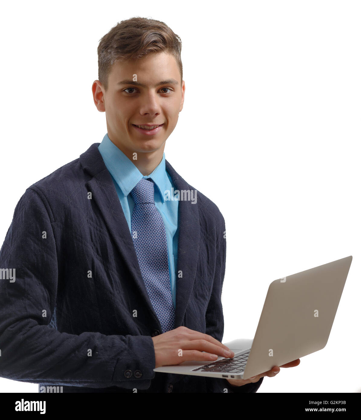 Happy smiling college student with laptop isolated on white background ...