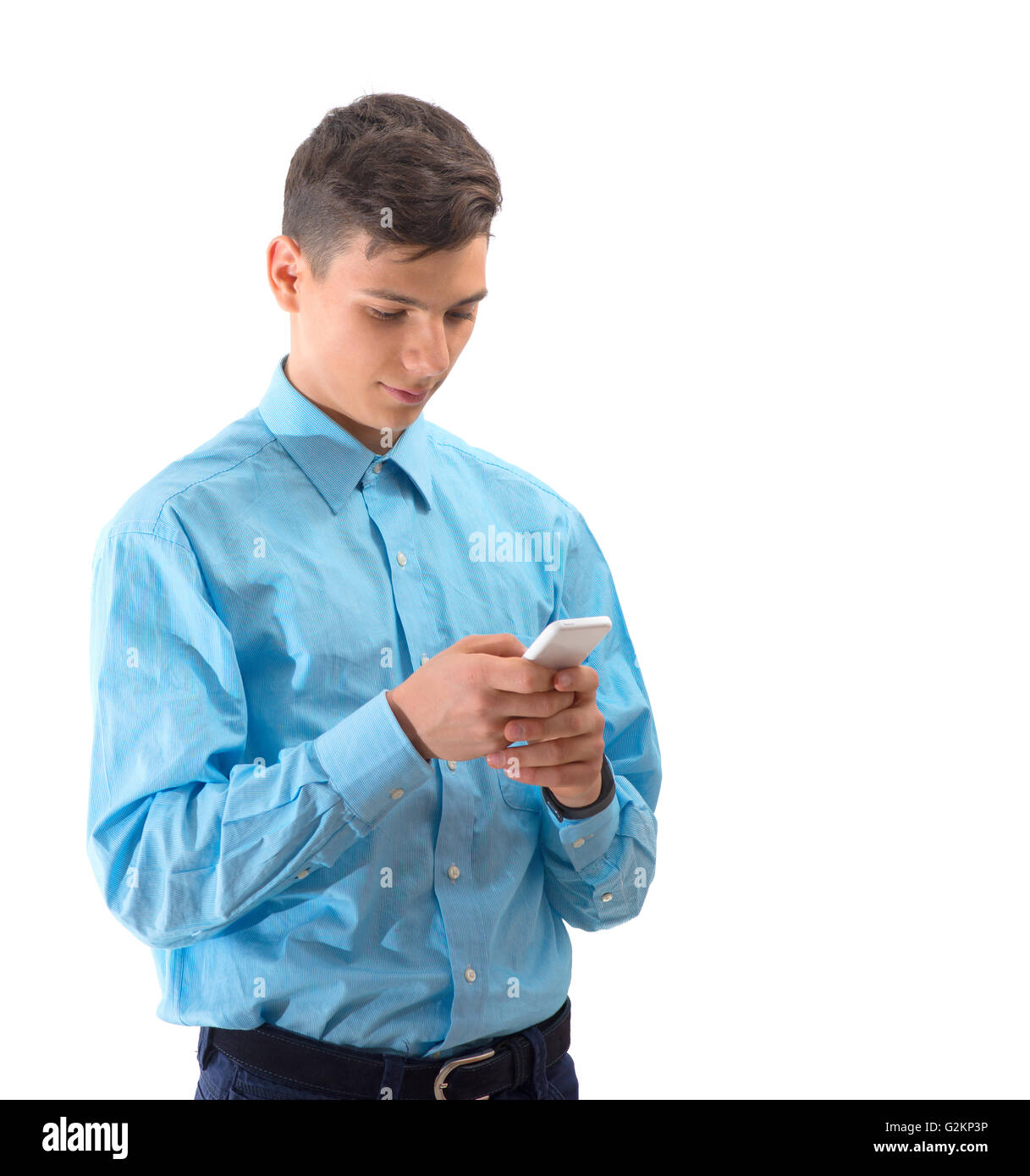 Trendy teenager boy texting on white smartphone isolated on white Stock ...