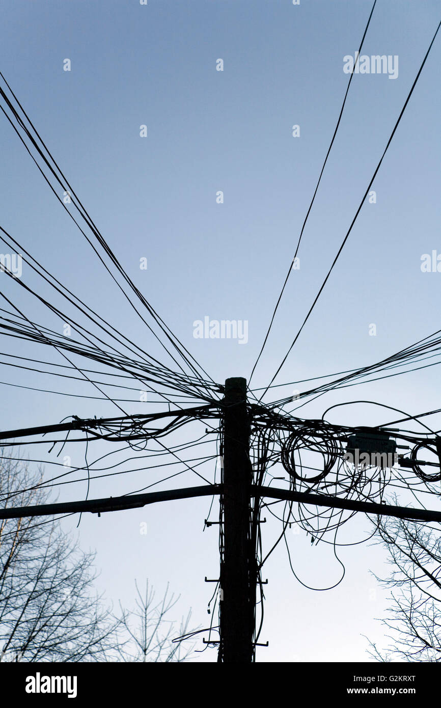 Utility Wires Against Blue Sky, Low Angle View Stock Photo - Alamy