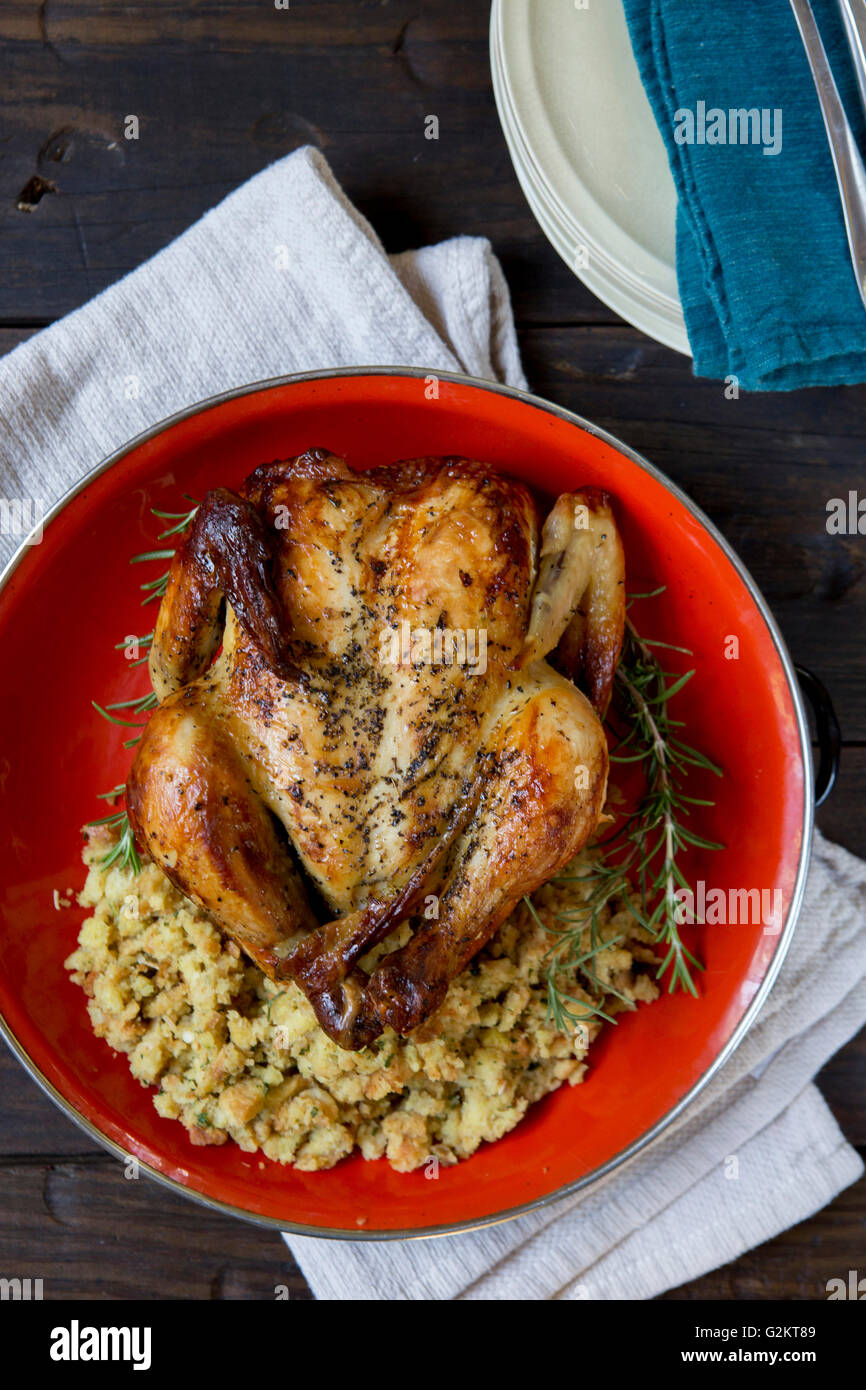 Whole Roasted Chicken with Stuffing, High Angle View Stock Photo - Alamy
