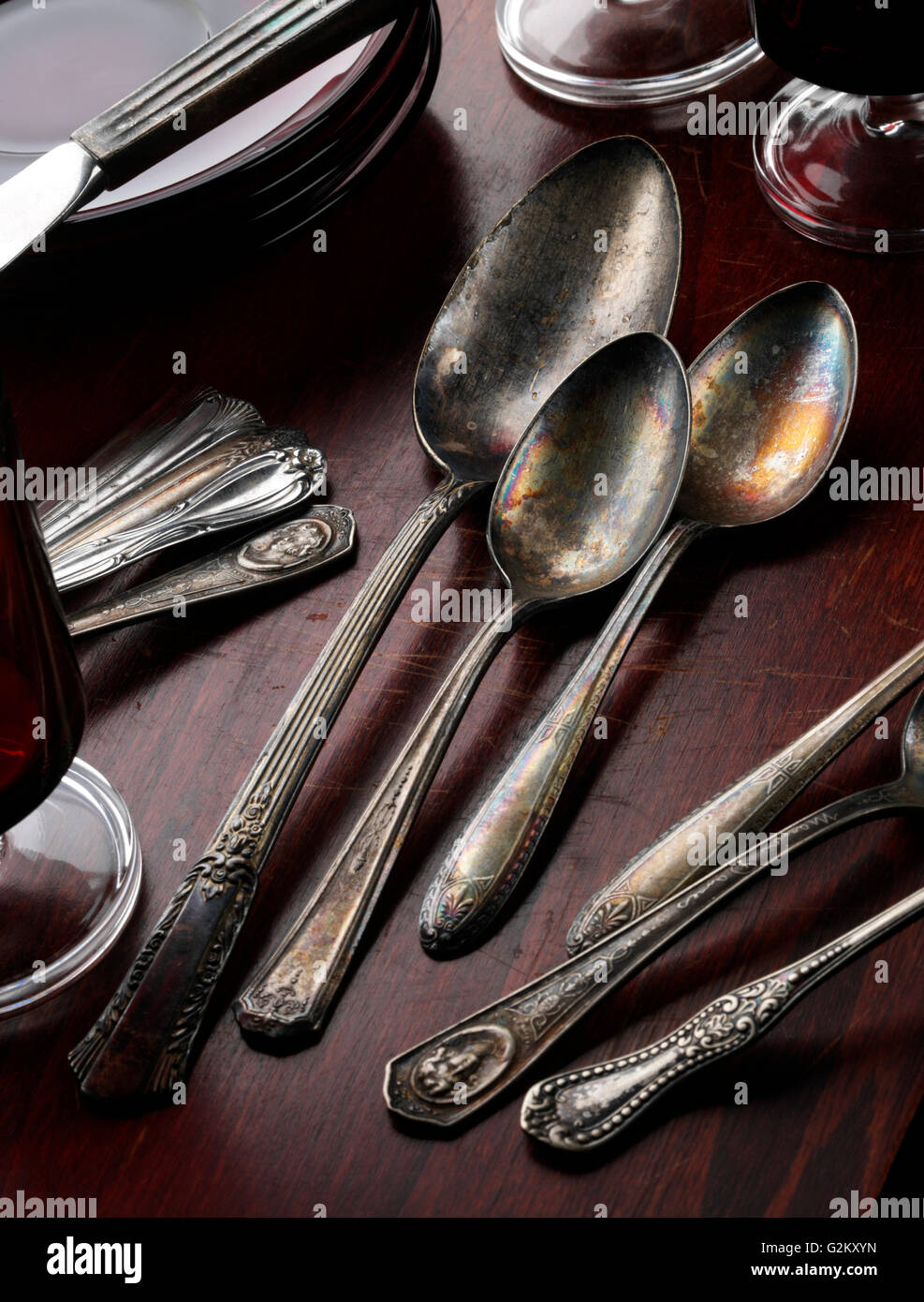 Silverware on Wooden Table Stock Photo - Alamy