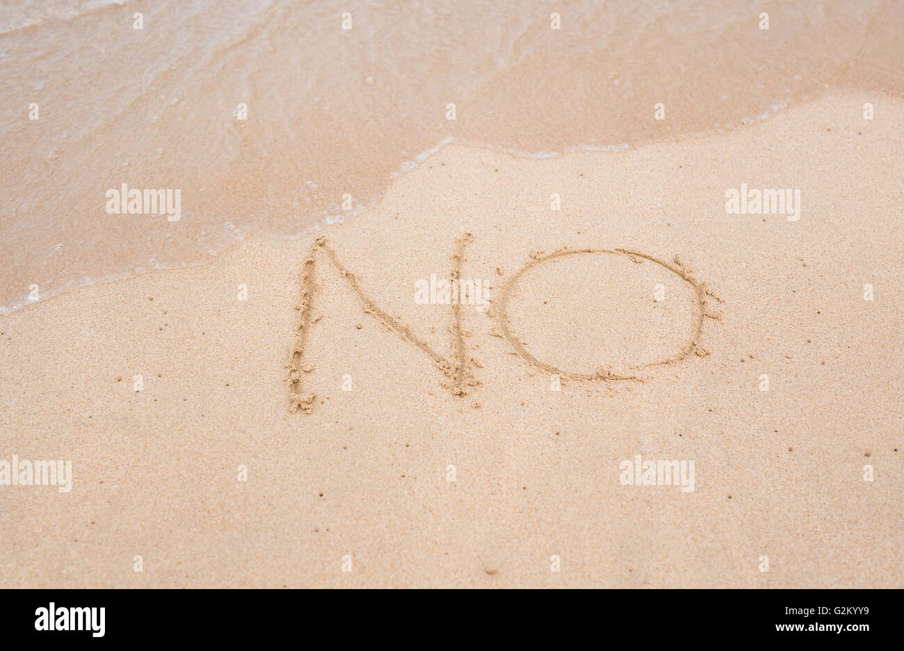 NO sign written in sand on beach texture sunny background. Closeup ...