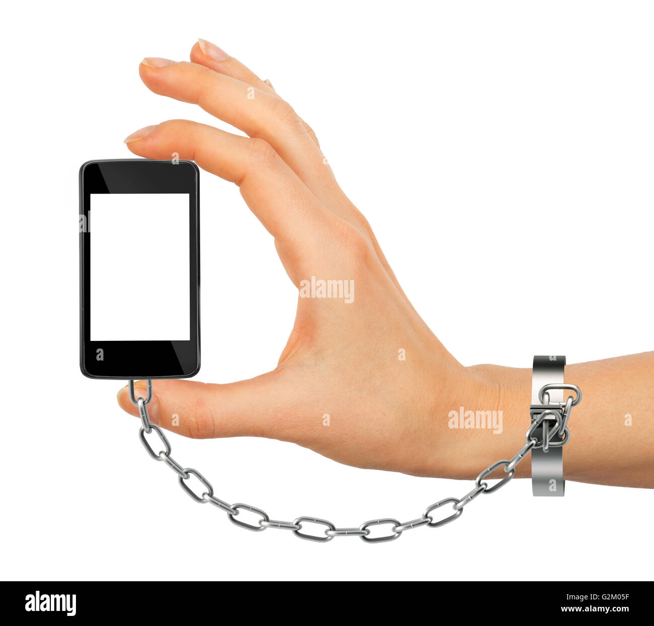 Chained female hand holding phone Stock Photo - Alamy