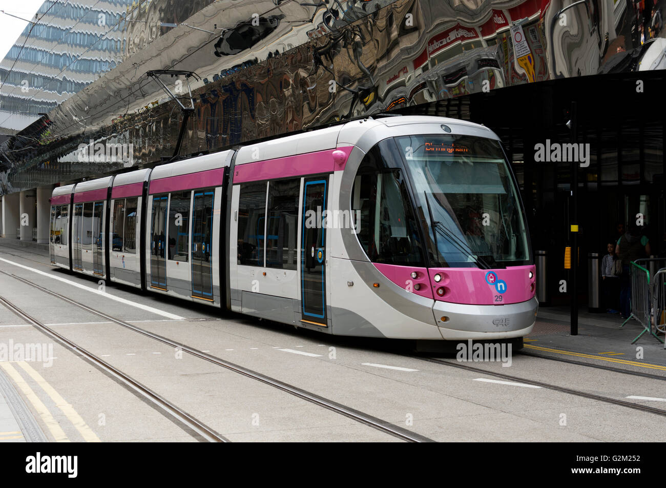 A Midland Metro tram at the Grand Central Birmingham New Street stop ...