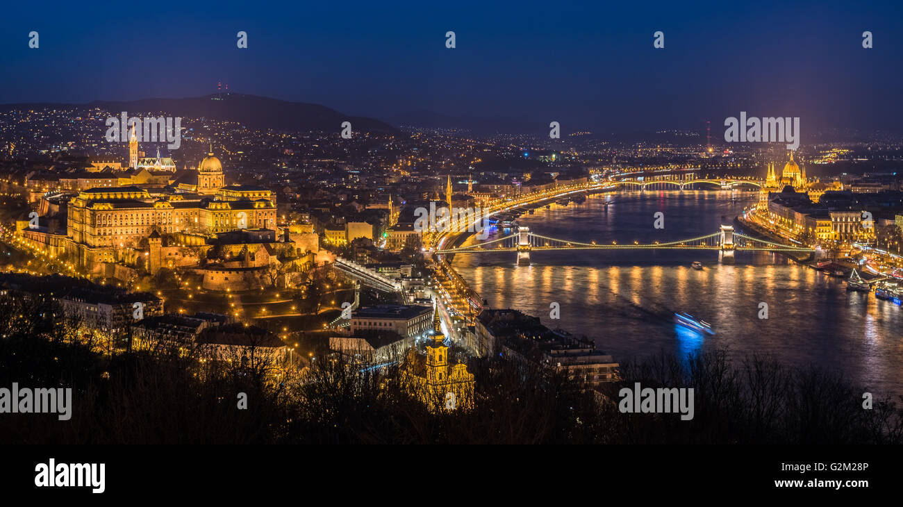 Panoramic View of Budapest with Street Lights and the Danube River at ...