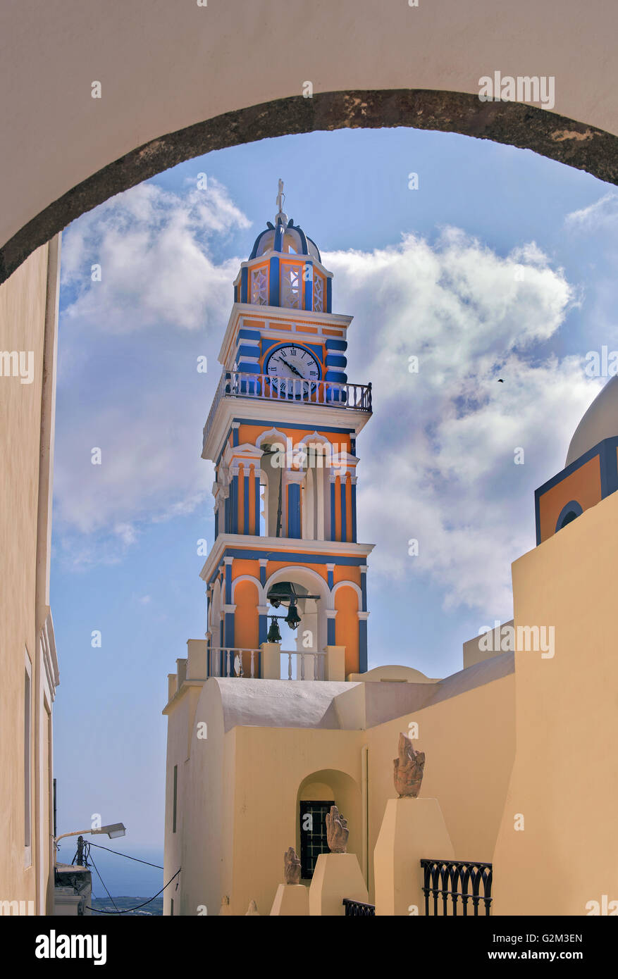 A Catholic church at Fira resort in Santorini island, Cyclades, Greece ...