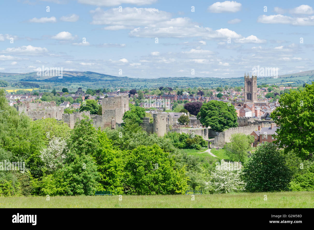 The Shropshire town of Ludlow and it's castle viewed from Whitcliffe ...