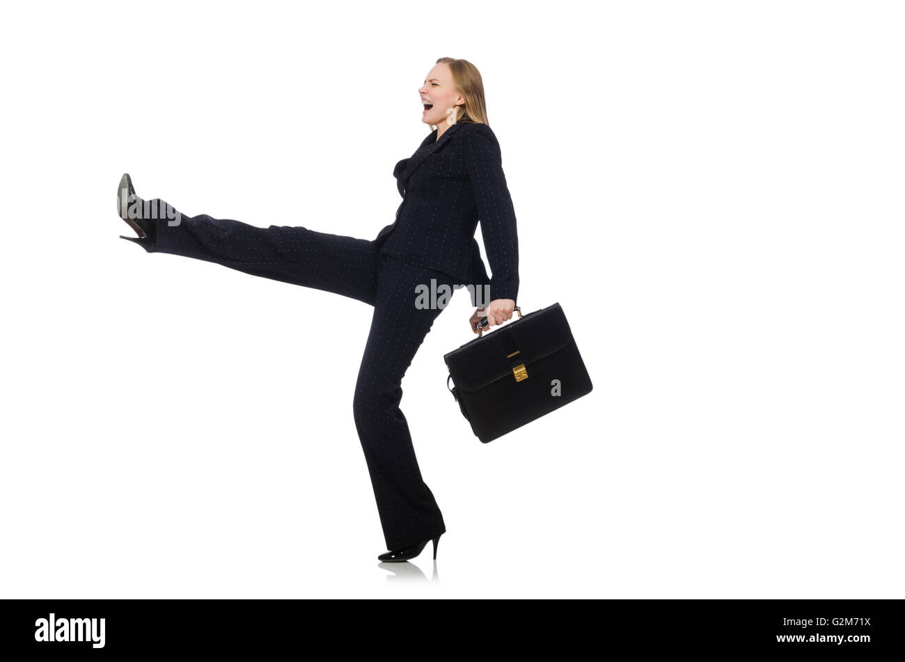 Woman businesswoman with briefcase isolated on white Stock Photo - Alamy