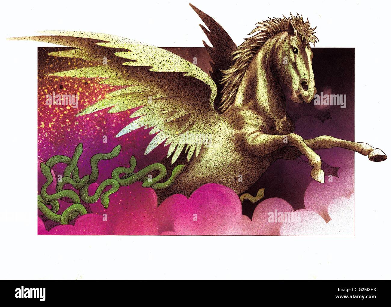 Fantasy image of gold pegasus in pink clouds Stock Photo - Alamy