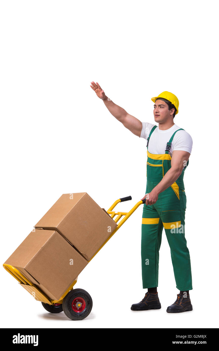 Man moving boxes isolated on the white background Stock Photo - Alamy