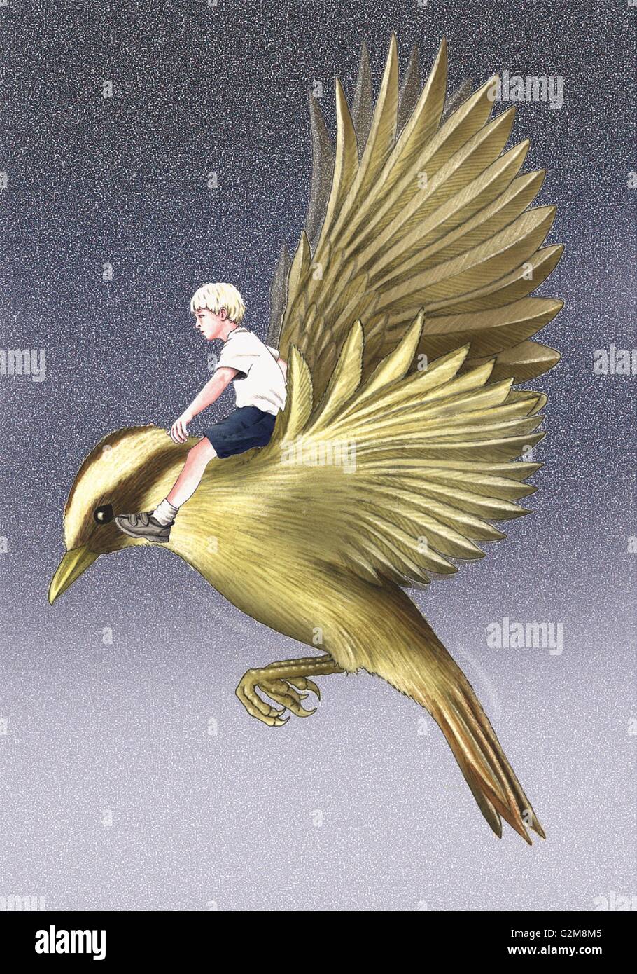Boy flying on bird Stock Photo - Alamy