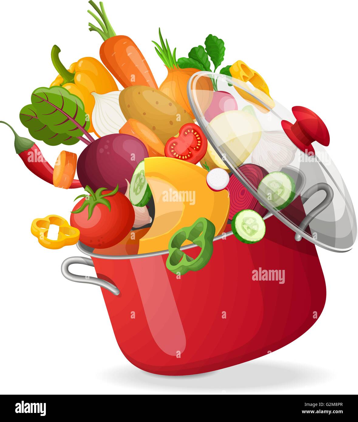 Fresh vegetables flying in a pot on an isolated white background ...