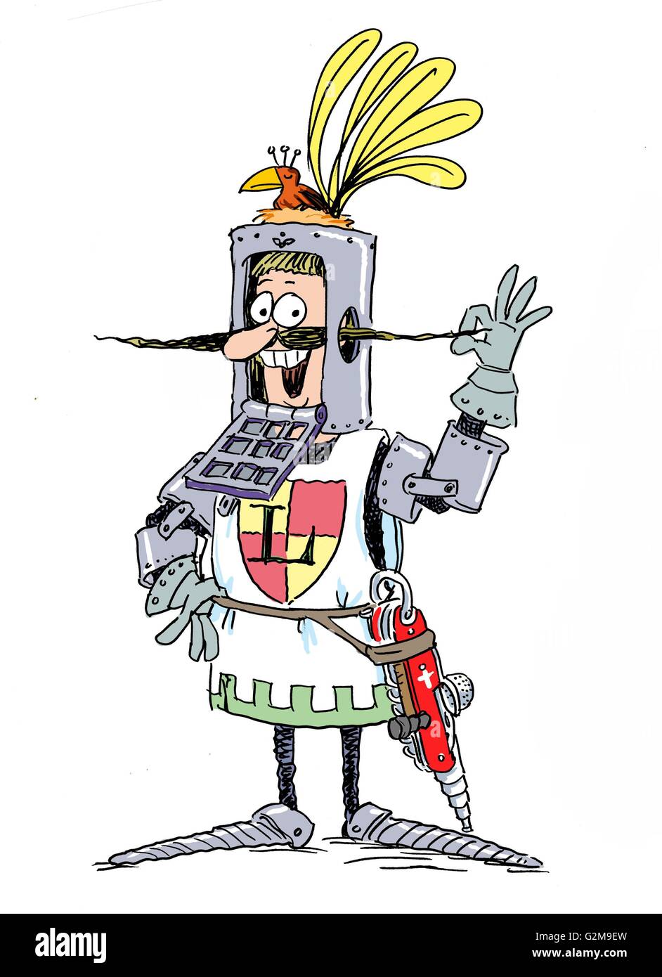 Smiling knight with bird on helmet Stock Photo - Alamy