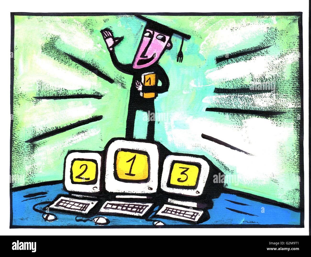 Graduate standing on podium made of computers Stock Photo - Alamy