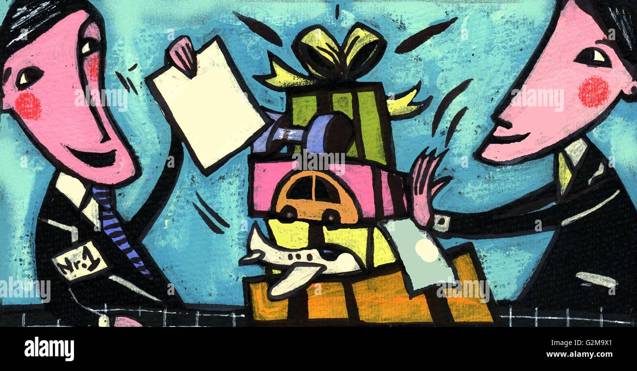 Man and woman with stack of presents Stock Photo - Alamy