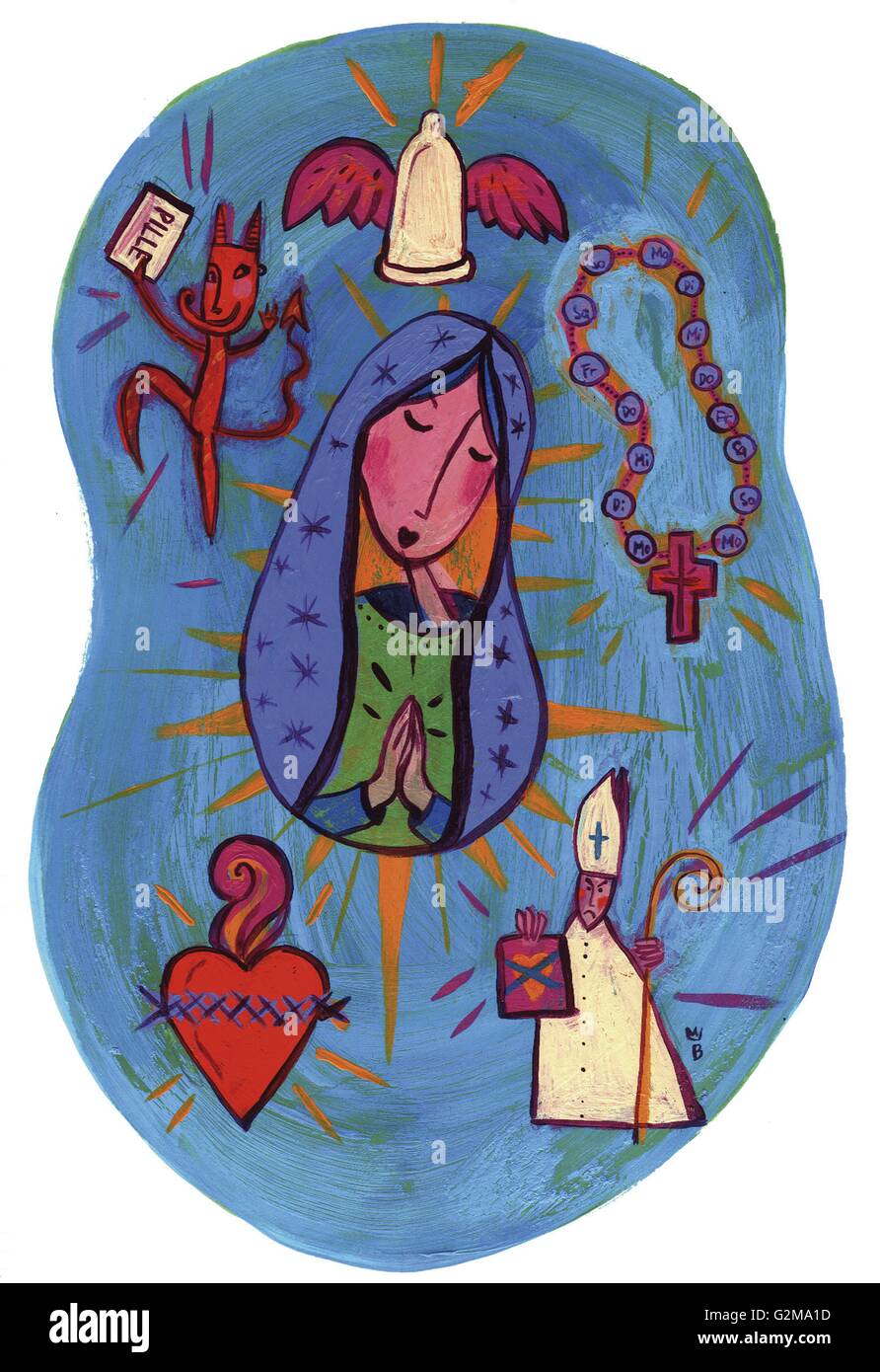 Virgin Mary with devil, rosary and pope Stock Photo - Alamy
