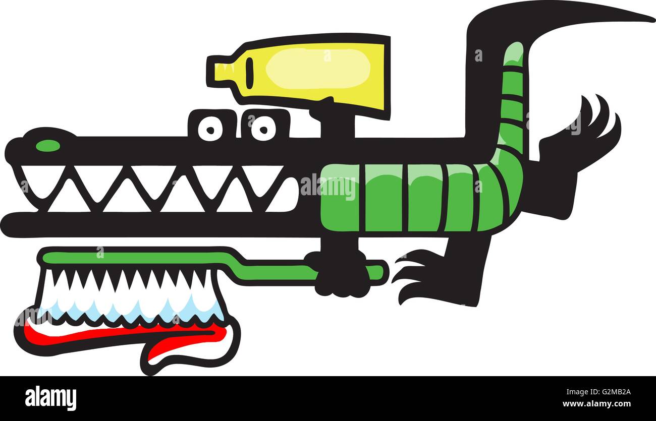 Crocodile holding toothpaste tube and toothbrush Stock Photo - Alamy