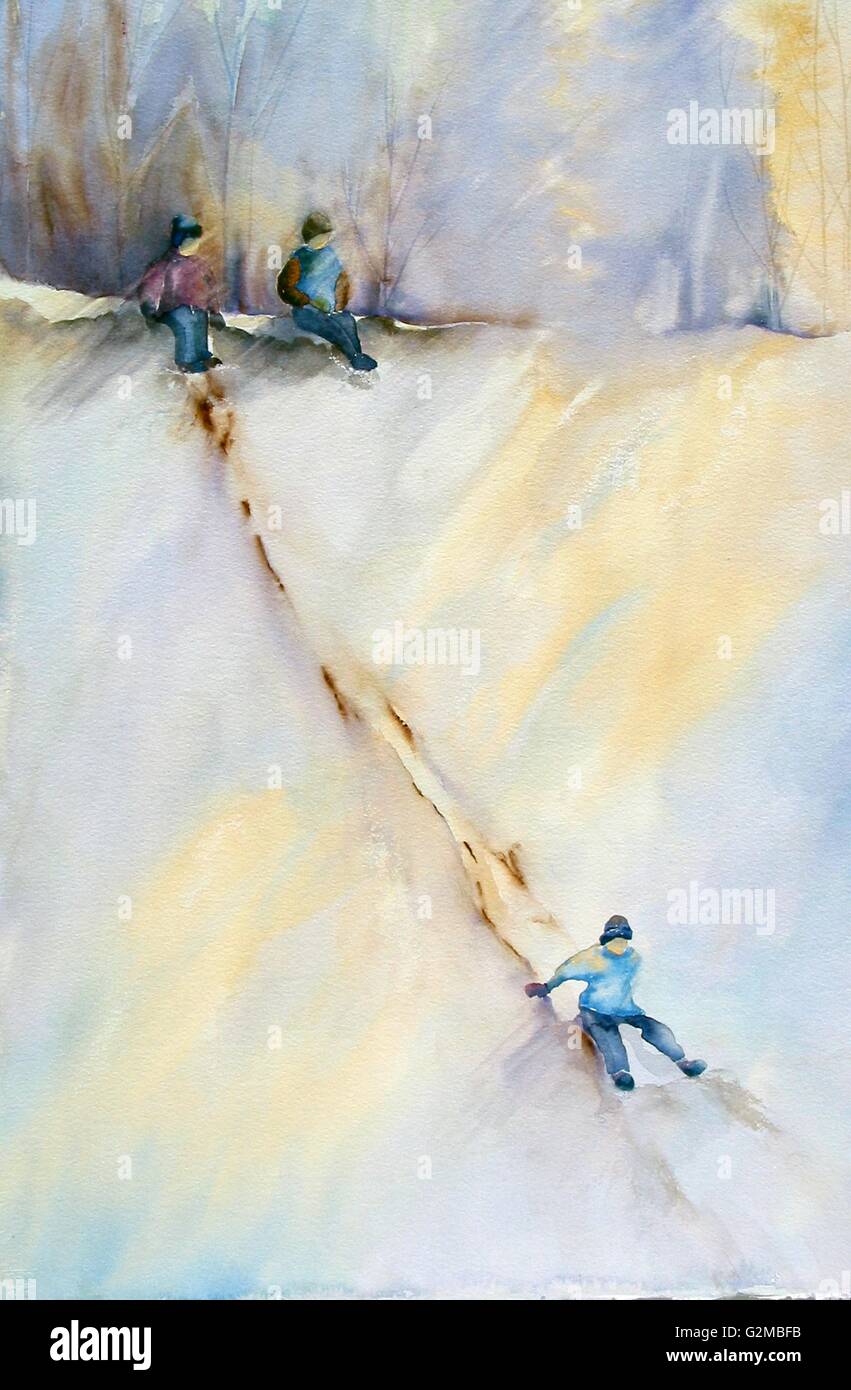 Children sliding in winter landscape Stock Photo - Alamy