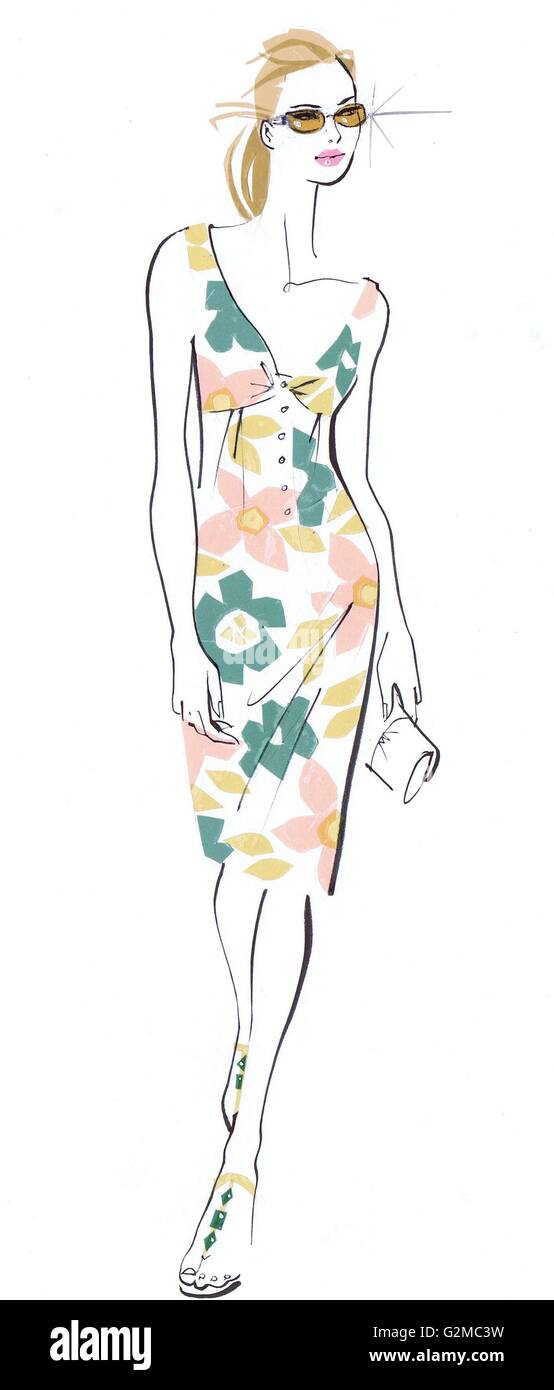 Young woman in dress with floral pattern on white background Stock ...