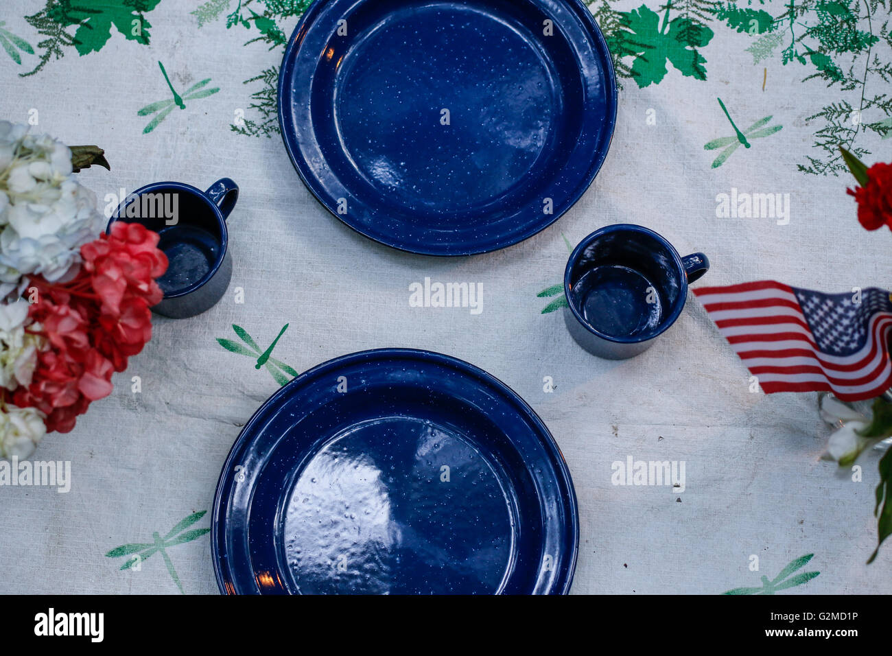 Table set for camping with American flags Stock Photo - Alamy
